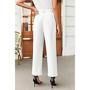 Febriajuce Women's High Elastic Waisted Dress Pants Button Down Pleated Work Pants Straight Leg Ankle Pants Office Trousers White
