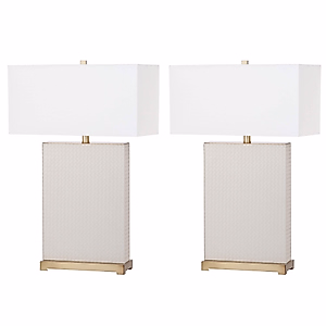 SAFAVIEH Lighting Collection Joyce Modern Art Deco Cream Faux Woven Leather Rectangle Shade 28-inch Bedroom Living Room Home Office Desk Nightstand Table Lamp Set of 2 (LED Bulbs Included)