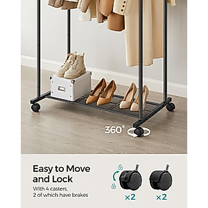 SONGMICS Double Rods Clothes Rack with Wheels, Clothing Rack for Hanging Clothes, Heavy Duty Garment Rack with Mesh Storage Shelf, 2 Brakes, Each Top Rail Holds up to 77 lb, Black UHSR26BKV1