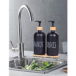 Glass Kitchen Soap Dispenser Set, Both Glass Soap Dispensers Equipped with Pumps& Bamboo Tray (Matte Black + Old Style Charactor)
