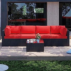 Shintenchi 5 Pieces Outdoor Patio Sectional Sofa Couch, Black PE Wicker Furniture Sets, Patio Conversation Sets with Washable Cushions Glass Coffee Table for Garden, Poolside, Backyard,Red