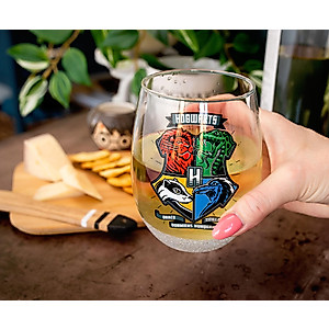 Silver Buffalo Harry Potter Animal Crests Teardrop Stemless Wine Glass | Holds 20 Ounces