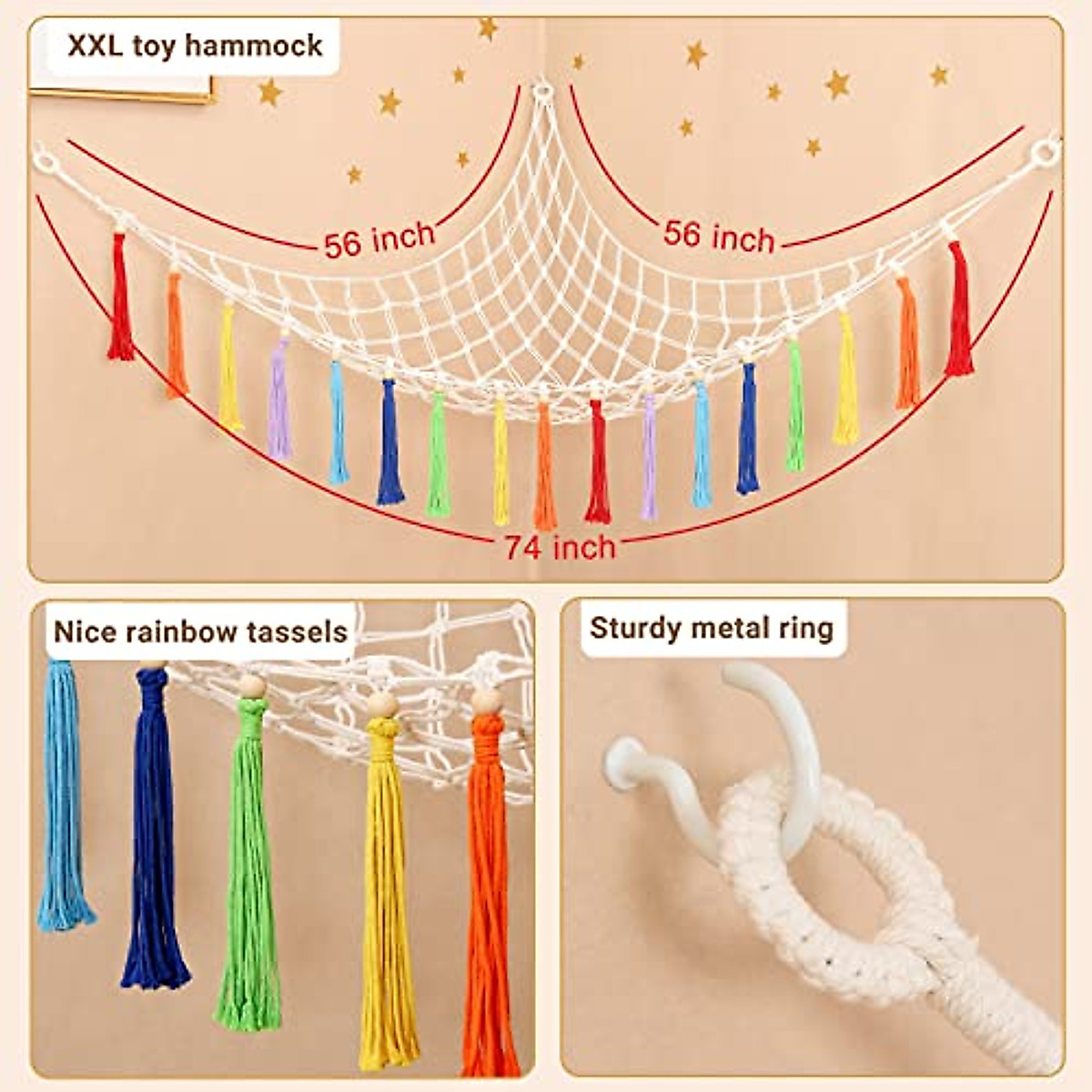 iKeelo 74x56x56 Macrame Toy Storage Hammock for Stuffed Animals, Fits 50-80 Plushies, Wall Hanging Toy Organizer for Kids Bedroom, Nursery and Playroom