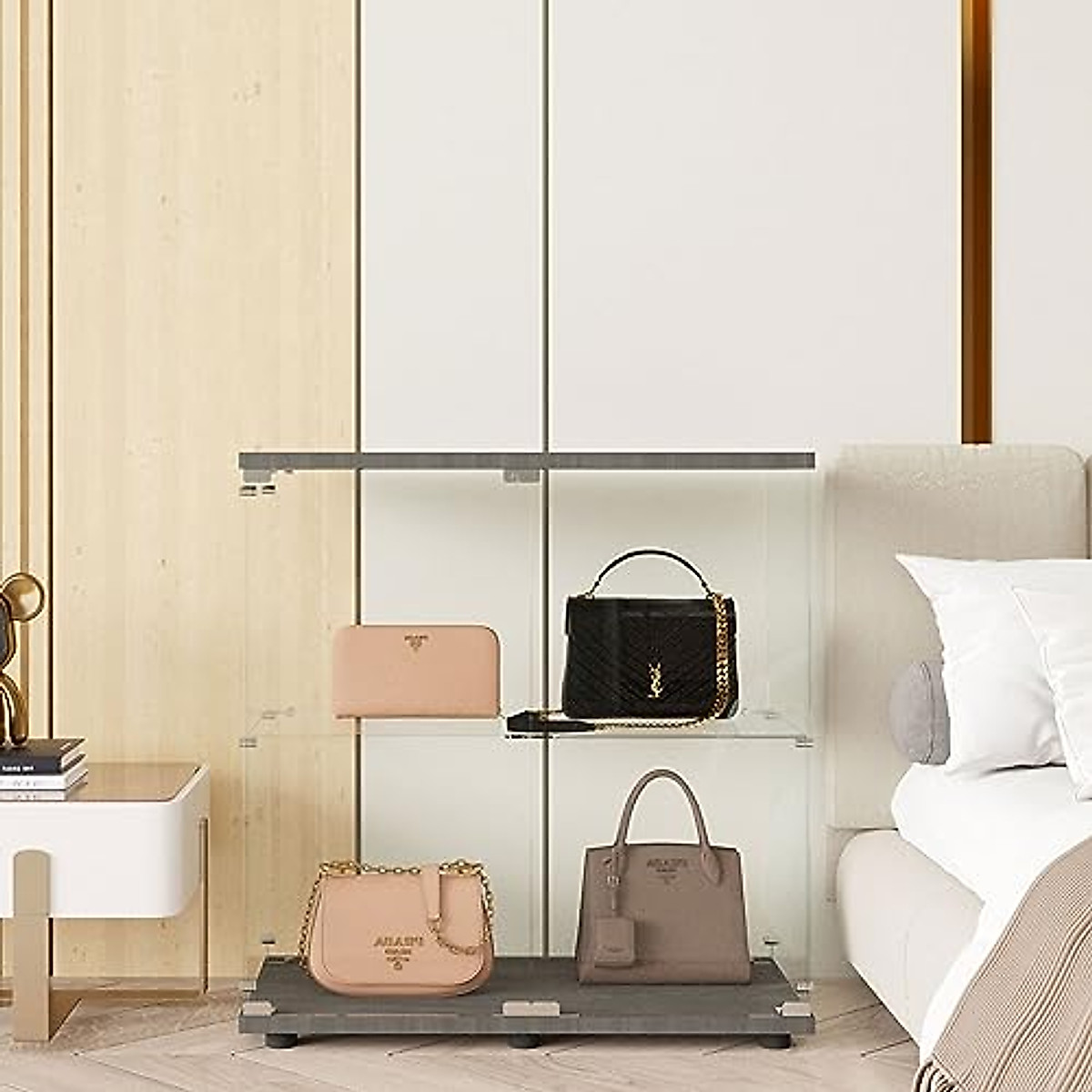 Fetuero Two-Door Glass Display Cabinet 2 Shelves with Door, Floor Standing Curio Bookshelf for Living Room Bedroom Office, 35.35” x 31.69”x 14.37”, Black