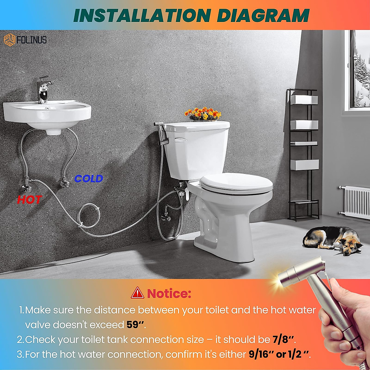 FOLINUS Hot and Cold Bidet Sprayer for Toilet, Bidet Warm Water with Dual Function Bidet Sprayer and Mixing Valve for Feminine Wash, Personal Hygiene, Pet Shower
