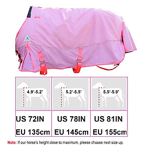 Turnout Blanket for Horses, Waterproof Thickened Horse Sheet with Detachable Neck Cover,1600D Nylon Outer, 400g Heavy Weight Filling (Pink, US 81IN(EU 155cm))