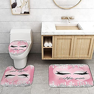 Byitre 4PCS Bling Eyelashes Shower Curtains with Rugs Bath Mat Toilet Lid Cover and 12 Hooks Waterproof Glittering Eyes Bathroom Shower Curtain Set, Fushia, 71' x 71'