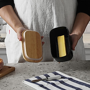 Large Ceramic Butter Dish for Countertop - Butter Keeper with High-Quality Silicone Sealing, Natural Wooden Lid and Stainless Steel Knife, Kitchen Decor and Accessories for Kitchen Gifts (Black)