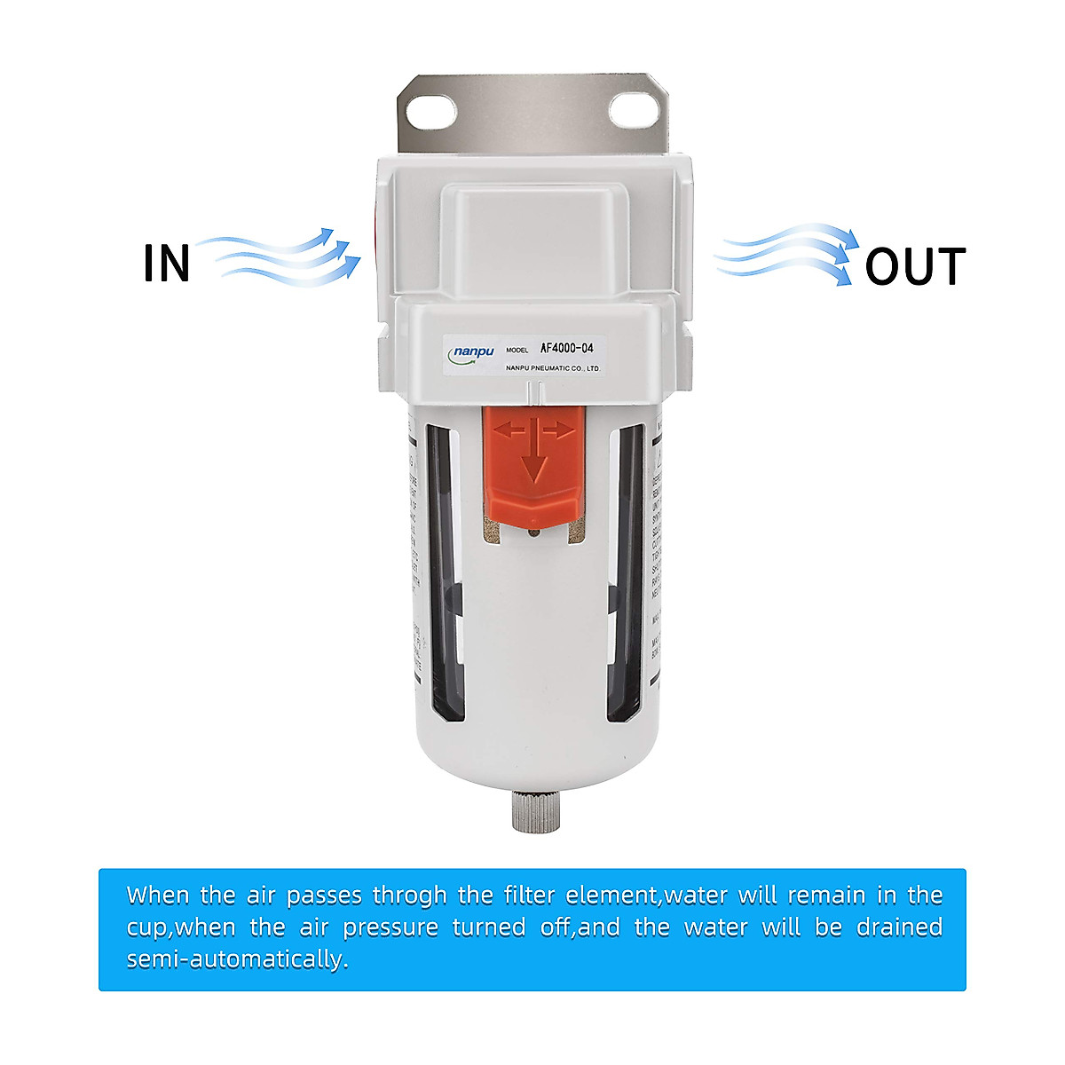 NANPU 1/2" NPT Compressed Air Line Filter, 5 Micron Brass Element, Bracket, Poly Bowl, 145 psi