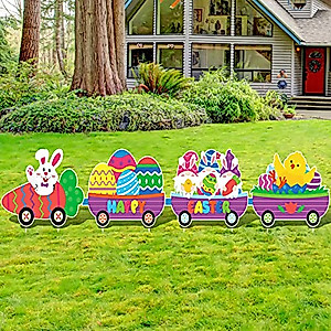4 Pcs Easter Yard Signs with Stakes Happy Easter Yard Decorations Outdoor Train Easter Lawn Signs Bunny Carrot Gnomes Chick Easter Egg Garden Sign for Easter Lawn Decorations Party Supplies Props