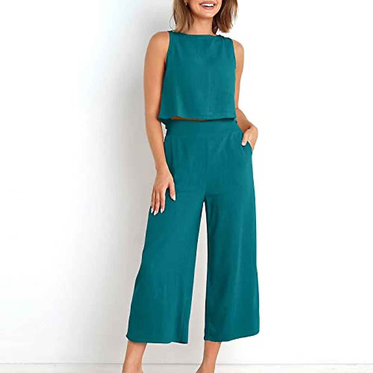 JDHUFEI Summer Sets for Women 2023 Fashion Vacation Outfits for Women Solid Color Blouse and Loose Wide Leg Pants Set
