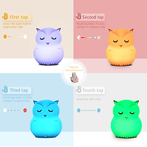 WHA&DARREN Large Owl Night Light for Kids,Cute Baby Night Light, Silicone Bedside Lamp, Sleep Lights, Eye Caring, Adjustable Brightness & Color, Time Setting, Touch+Remote Control