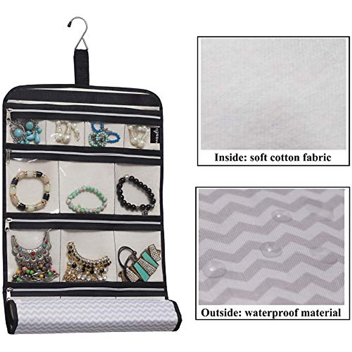 MISSLO Hanging Jewelry Organizer Travel Foldable Jewelry Roll Storage Case with 14 Cotton Zippered Pockets for Traveling, Closet, Suitcase