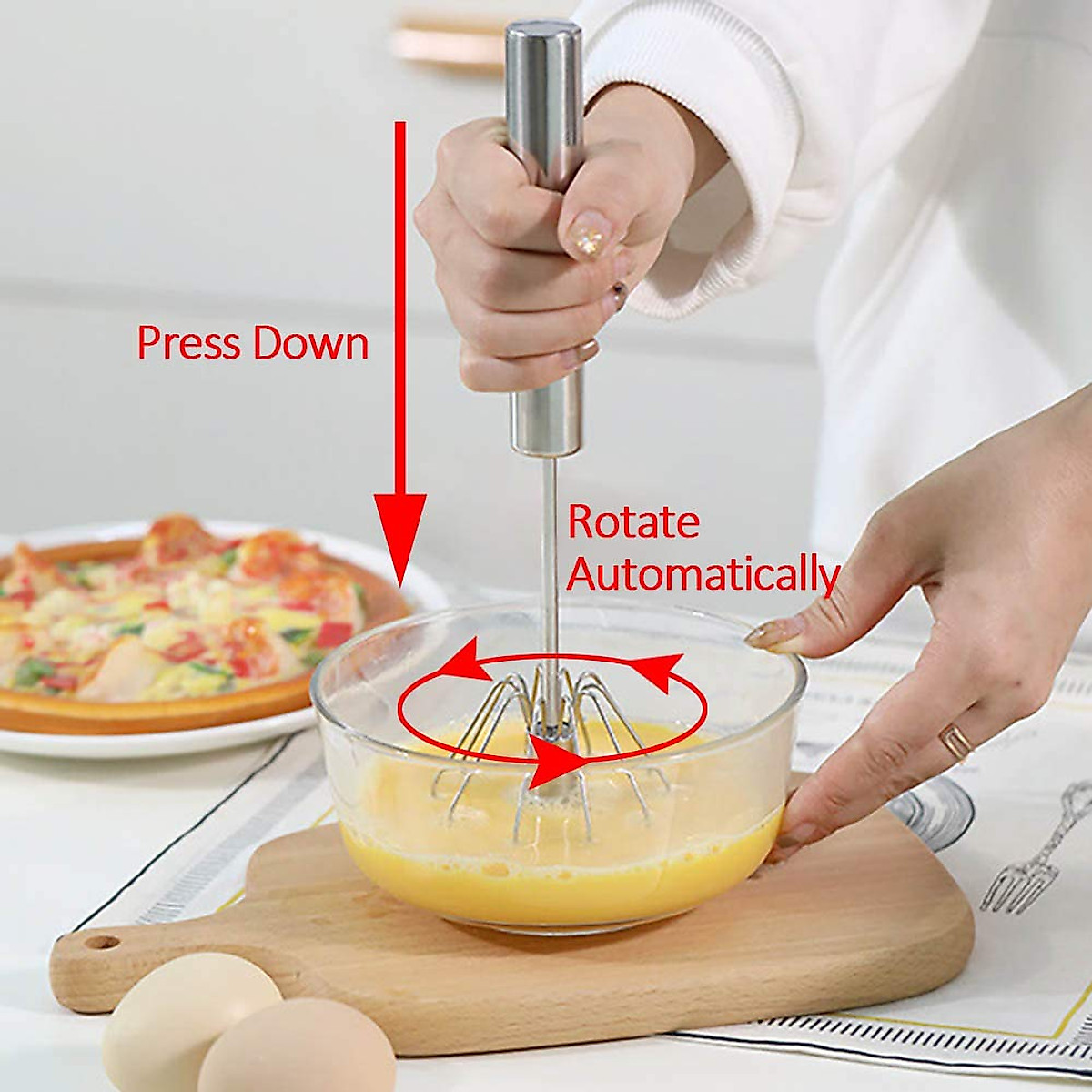 Stainless Steel Hand Push Egg Beater Mixer Home Kitchen Whisk Milk Frother Cooking Utensils Gadgets Blending Beating Stirring Semi Automatic Tool (1Pcs-Length 12, 35-Stainless)