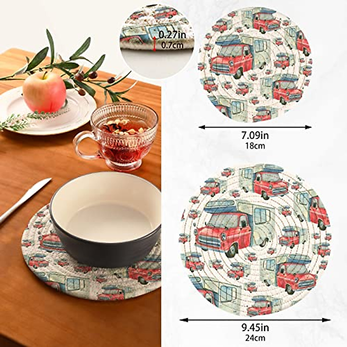 Camper Motorhouse Summer Trivet Pot Holders Red Classic Camper Van Hot Pads Trivets Mats Heat Resistant Cotton Potholders Round Table Counter Mat for Kitchen Coaster Hot Pan Dish 2pcs