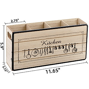 Noamus Kitchen Utensil Holder, 4 Compartment Wooden Cutlery Silverware Caddy, Rustic Flatware Organizers Countertop Decor with Handles, Cooking Tools Storage Box for Spoons, Knives, Forks