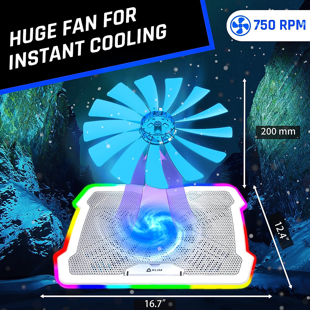 KLIM Ultimate + RGB Laptop Cooling Pad with LED Rim + New 2024 + Gaming Laptop Cooler + USB Powered Fan + Very Stable and Silent Laptop Stand + Compatible up to 17" + PC Mac PS5 PS4 Xbox One - White