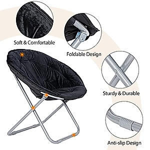 ZenStyle Set of 2 Faux Fur Saucer Chairs, Folding Chair Soft Lounge Chair, Portable Moon Chair for Bedroom, Dorm Rooms, Apartments, Lounging, Garden and Courtyard, Black