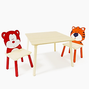 3 Piece Wood Table & Chair Set for Age 2-6 Boy Girl, Wood Activity Table Drawing Play Table Set w/ 2 Animals Chairs for Home, Nursery, Kindergarten, Age 2-6 Boy Girl Activity Table Chair 3 Pieces Set