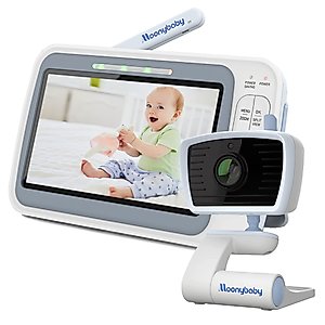 Moonybaby 5" HD A.N.R. (Auto Noise Reduce) Baby Monitor with Camera and Audio, Model: QuadView 30, No WiFi, 20 Days Battery Life in ECO Mode, Long Range, 2-Way Audio, Lullaby, Room Temperature Display