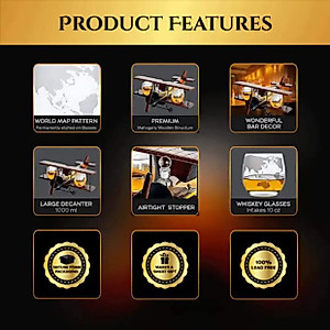 Whiskey & Wine Decanter Airplane Set and Glasses Antique Wood Airplane - The Wine Savant Whiskey Gift Set and 2 Airplane Glasses, Pilot Gift Moving Parts- Alcohol Related Gift, BAR DECOR Large 21"