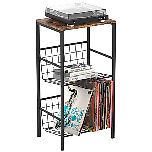 YBING Record Player Stand, 3-tier Vinyl Record Holder with Storage Turntable Stand with Shelf Record Display Table Vinyl Storage Stand End Side Table for Living Room Bedroom, Brown