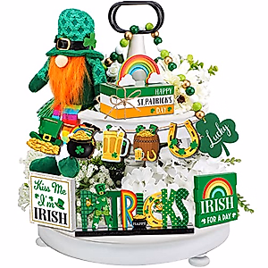 St. Patrick's Day Tiered Tray Decor Set Shamrock Gnomes Plush Gnome Decorations Happy St Patrick's Decor Gold Coins Rainbow Decor Shamrock Lucky Wooden Bead Garland Decor for Home Table Shelf Decor