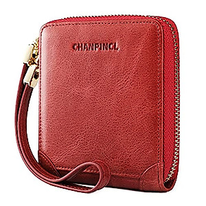 MANBANG RFID Wallets for women Genuine Leather Zipper Purses Secure Large Capacity Multi-card Wallets Clutch Travel Wristlet (Red)