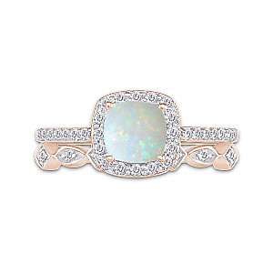 Cushion Cut Lab Created Opal And 0.25 Cttw White Natural Diamond Frame Art Deco Bridal Set Engagement Ring In 10k Solid Rose Gold Ring Size-7