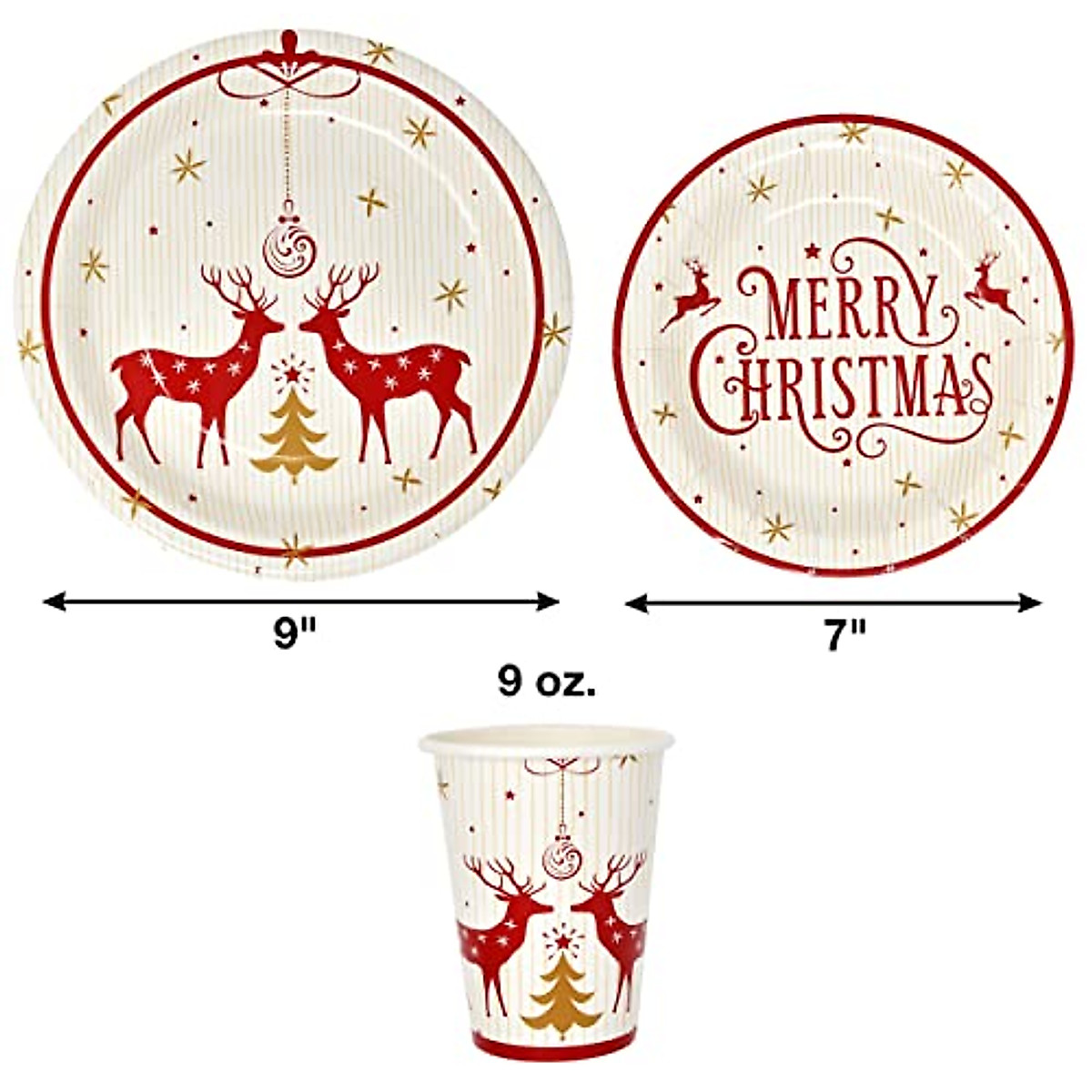 Merry Christmas Reindeer Party Supplies Tableware Set 24 9" Dinner Plates 24 7" Plate 24 9 Oz Cups 24 Lunch Napkin for Holiday Xmas Red & Gold Reindeers Tree Disposable Paper Dinnerware Decorations