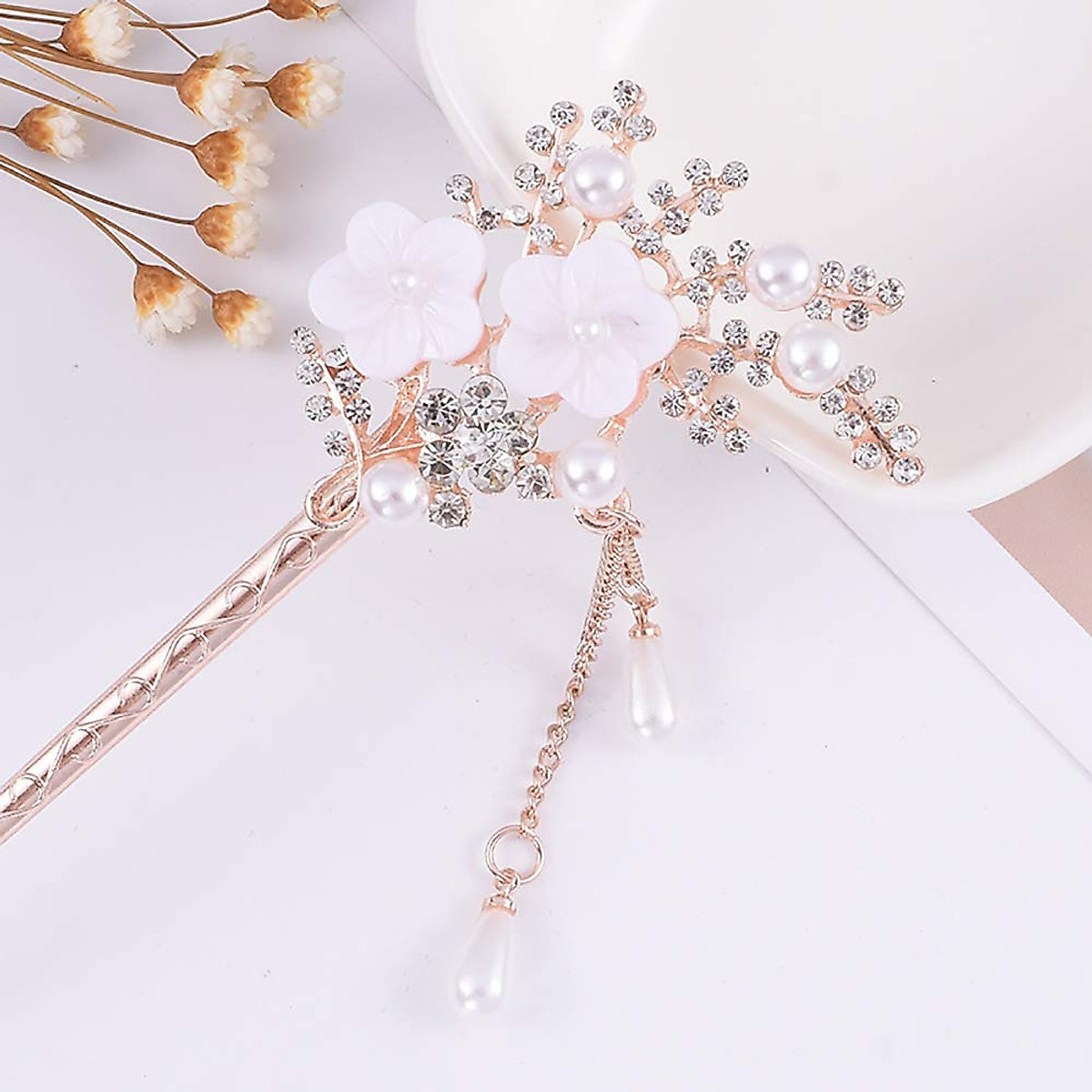2 Pcs Rhinestone Pearl Flower Hair Stick Chinese Hair Chopsticks Vintage Tassel Hair Pin Chignon Pin Chopsticks Hair Styling Hair Making Accessories for Women (White)1