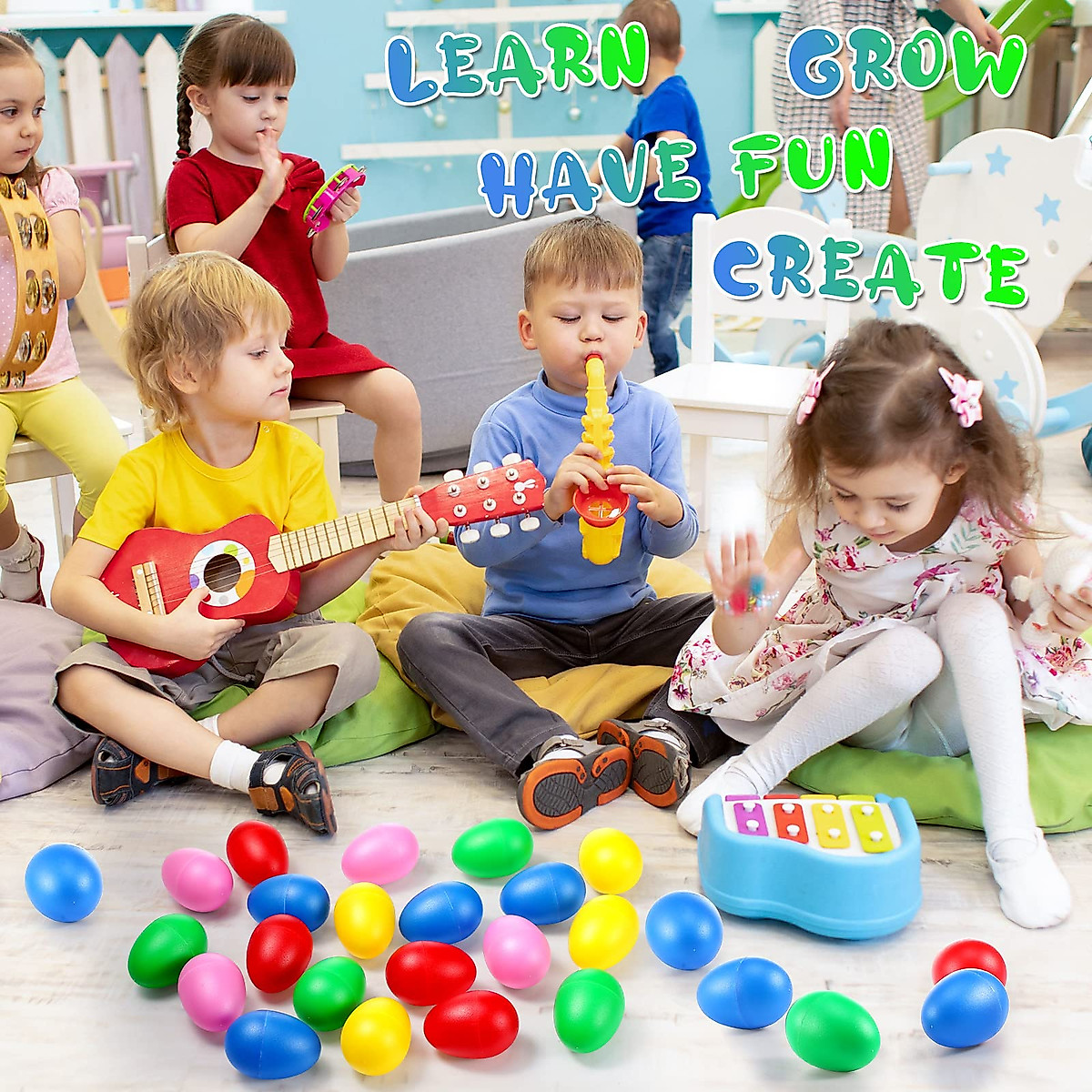 100 Pieces Egg Shakers Musical Instruments Percussion Maracas Egg for Kids Toys Plastic Easter Shaker for Learning DIY Painting, Classroom Music, Rhythm(5 Color)