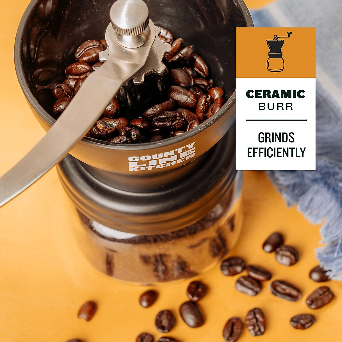 County Line Kitchen, Manual Coffee Grinder with Ceramic Burr, Adjustable Coarseness, Hand Coffee Bean Grinder, Two Glass Jars 250ml each with Metal Lids