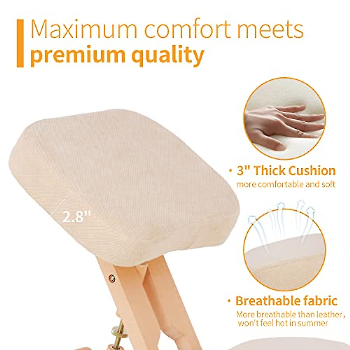 OXFIELD Ergonomic Kneeling Chair,Adjustable Kneeling Stool for Home and Office,Wooden Kneeling Chair with 3”Thick Comfortable Cushions& Smooth-Moving Wheels