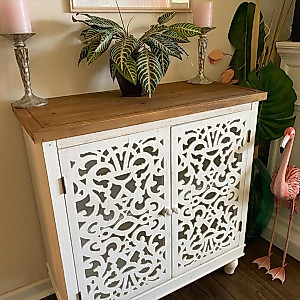 PHI VILLA Accent Cabinet with Doors Hollow-Carved Cabinet Farmhouse Antique Cabinet Credenza Buffet Cabinet for Entryway Living Room Storage Cabinet White
