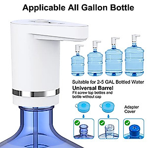 Water Bottle Pump Dispenser 5 Gallon, Manual Straight Plug Button, Automatic Drinking Water Pump, USB Charging with jug Cap, White