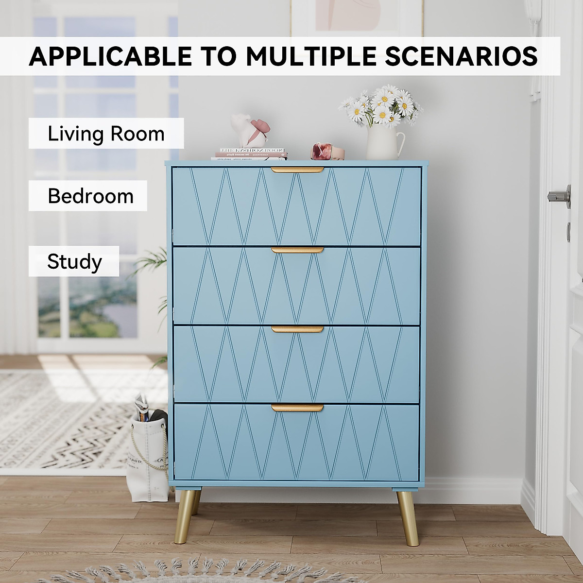 NOVALLA 4 Drawer Dresser, Chest of Drawers, Modern Dresser with Storage, Organizer Unit for Bedroom, Living Room, Hallway, Entryway, Closet(Blue)