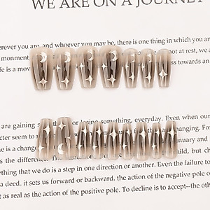24Pcs Black Press on Nails Long Star Moon Fake Nails Full Cover Luxurious Acrylic Nails Glue on Nails Glossy Gradient False Nails Stick on Nails for Women