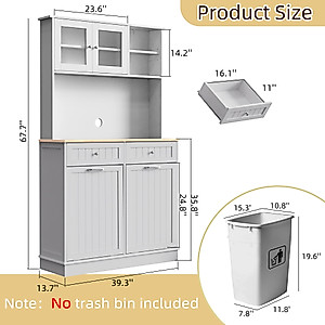 YOCONYO Double Tilt Out Trash Cabinet Storage Cabinet 20 Gallon with Two Solid Wood Hideaway Trash Holder Drawers, Dual Wooden Free Standing Recycling Cabinets Trash Can Bin Kitchen (White)