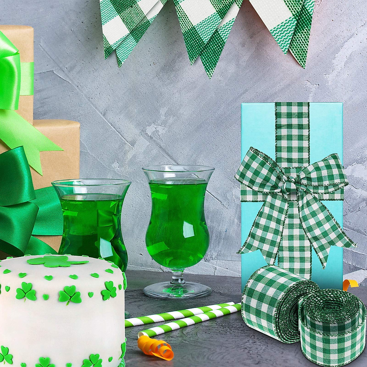 3 Rolls St. Patrick's Day Buffalo Plaid Ribbon Green and White Wired Edge Ribbon St. Patrick's Day Check Burlap Ribbon for Wrapping, Crafts Decoration, 2 Inch x 6.6 Yard (Green and White)