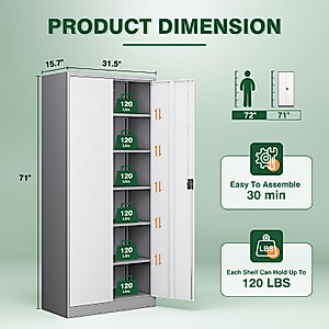 Letaya Metal Garage Storage Cabinets with Lock Door and Adjustable Shelves, Steel Tool Cabinets for Home,Office,Warehouse Organisieren (Gery White, 71" H)
