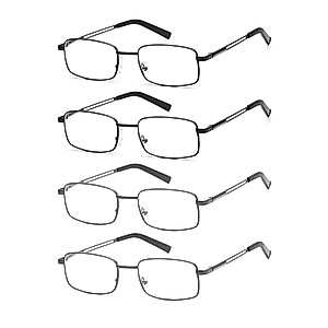 HIGHLIKE 4-Pack Reading Glasses Men, Metal Stainless Flex Readers with Soft Cases, Clear Lens Blue Light Glasses, 2 Black 2 Gunmetal 1.75 x