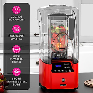 Lecon Chef Commercial Quiet Shield Blender 2200W Professional Industrial Blenders Red 2.2L/ 74oz BPA-Free Pitcher for Ice Crushing, Shakes and Smoothies for Kitchen