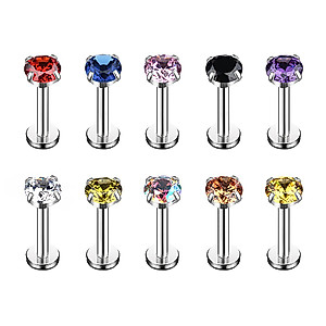 Ruifan 4mm Mix Color CZ Gem Internally Threaded Labret Monroe Lip Ring Tragus Nail Helix Earring Stud Barbell Piercing Jewelry 16G 6mm 10PCS