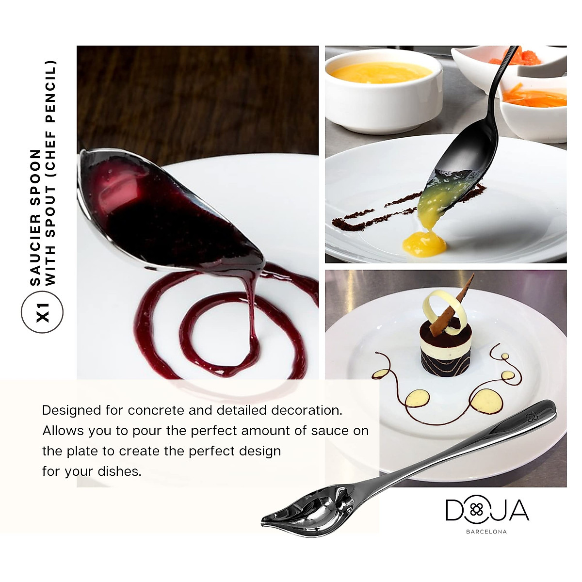 DOJA Barcelona | Chef Plating tools culinary set | BLACK | 7 Professional cooking Utensils | 3 kitchen tweezers Drawing Pencil Spoon Fish tongs Spatula Slotted spoon | Modernist cuisine food art