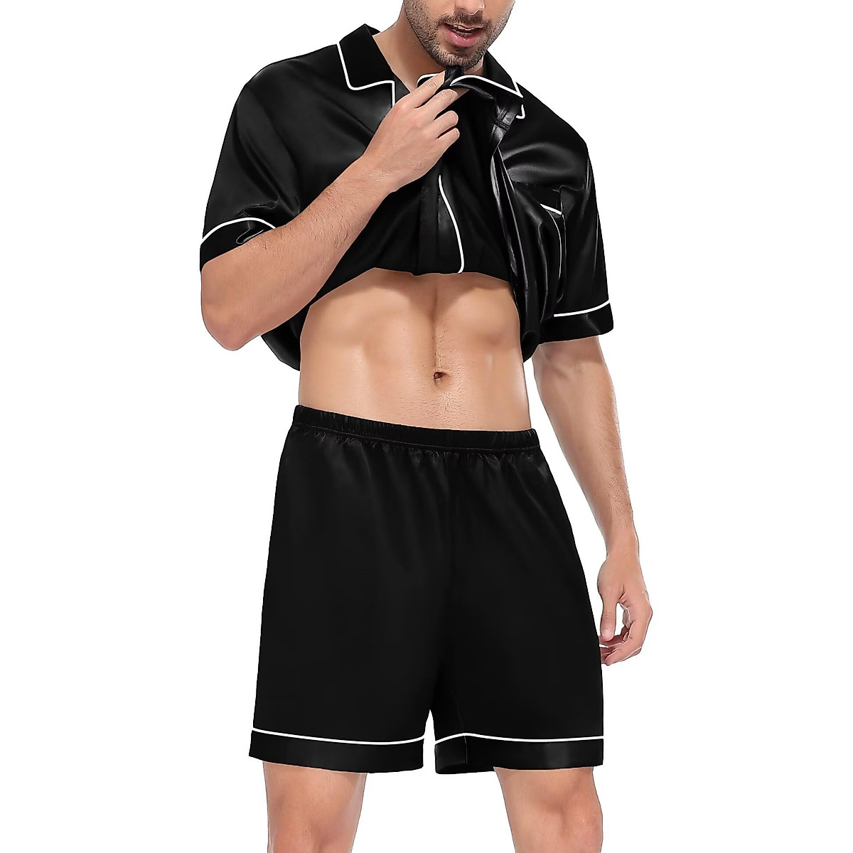 SWOMOG Satin Matching Pajamas Sets Couple Silk Button Down Nightwear Men & Women Short Sleeve Sleepwear 2 Pieces Loungewear Black