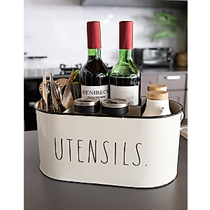 Rae Dunn 4 Section Utensil Caddy - Silverware Holder, Cutlery Caddy for Fork, Knife and Spoon - Rustic Farmhouse Metal Frame - Kitchen Organizer and Countertop Space Saver for Flatware