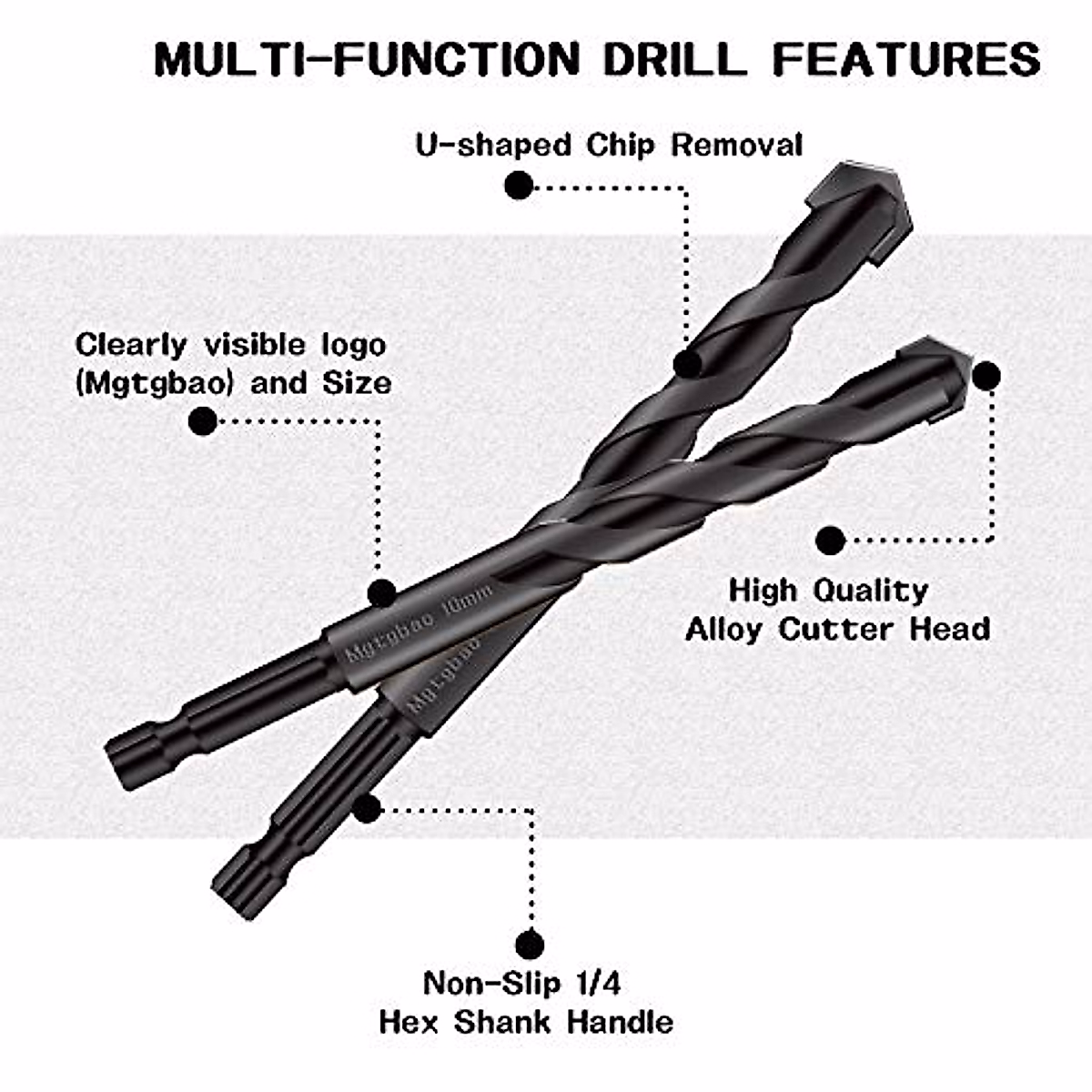 【 New 】6pcs Black Masonry Drill Bits Set, Mgtgbao Ceramic Tile Drill Bits Carbide Tip for Glass, Brick, Tile, Concrete, Plastic and Wood with size 6mm(1/4”), 8mm (5/16”), 10mm (3/8”), 12mm (1/2”).