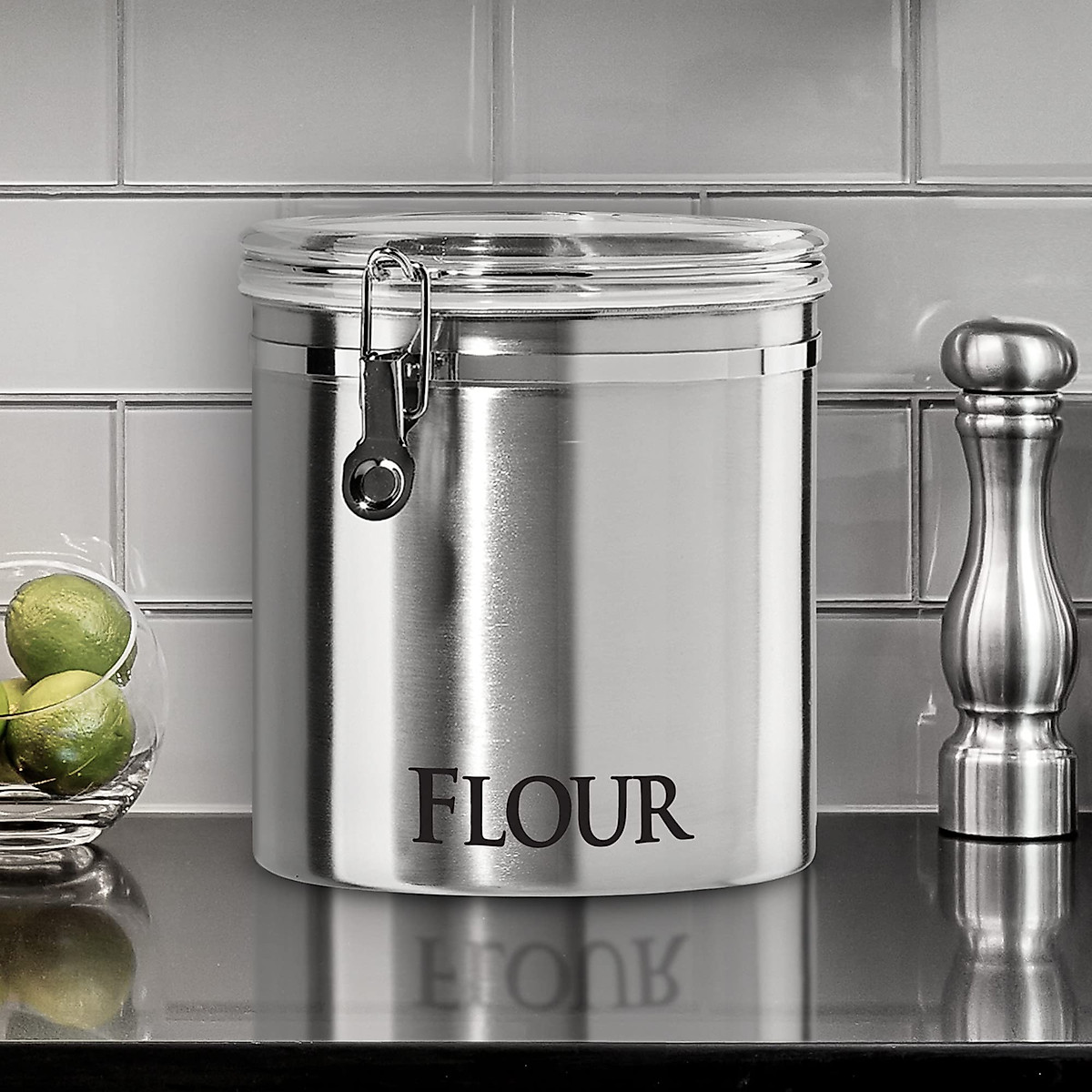 OGGI Jumbo 8" Stainless Steel Flour Clamp Canister - Airtight Food Storage Container Ideal for Kitchen & Pantry Storage of Flour or other Bulk, Dry Foods.