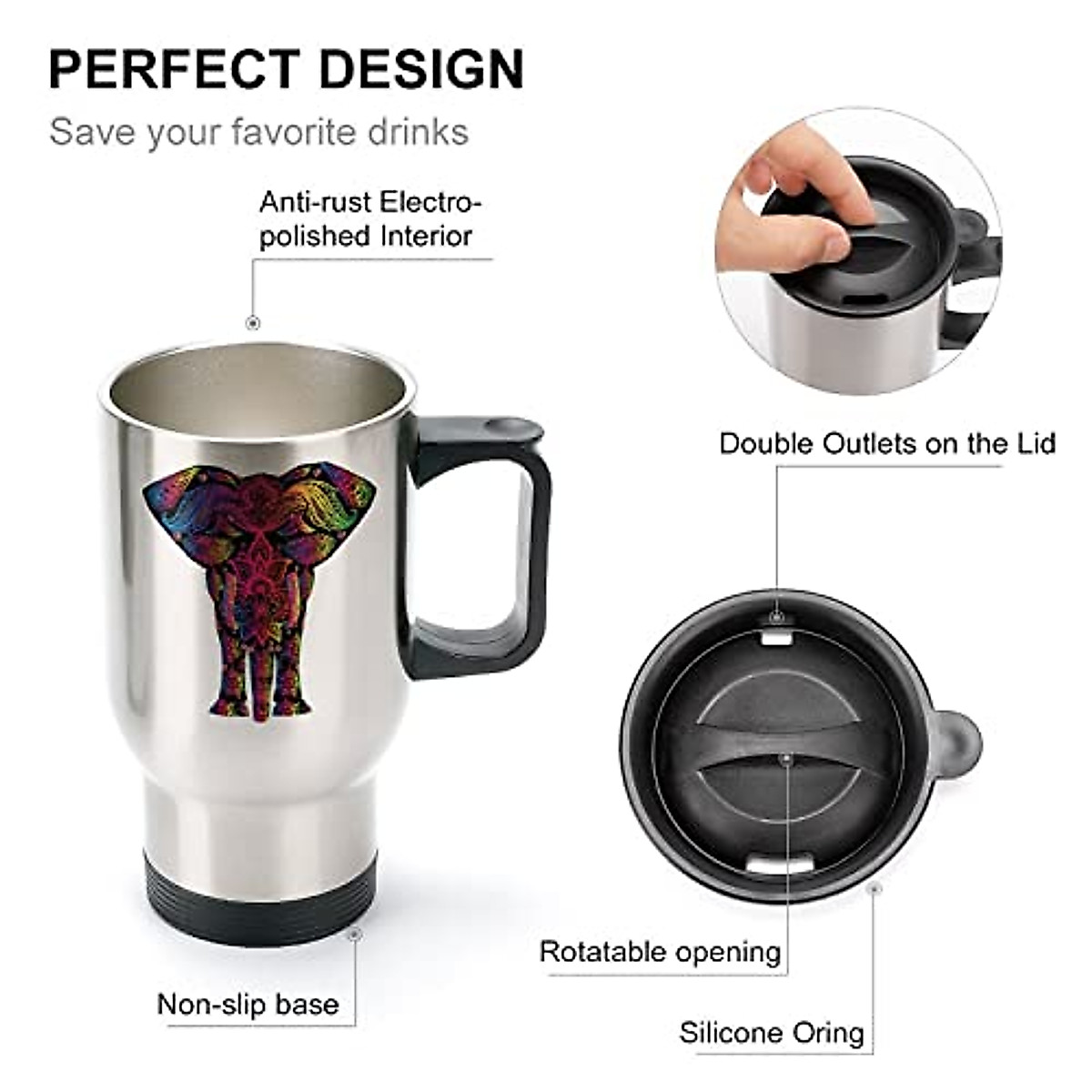 Elephant Logo 14 Oz Travel Coffee Mug Stainless Steel Vacuum Insulated Cup with Lid